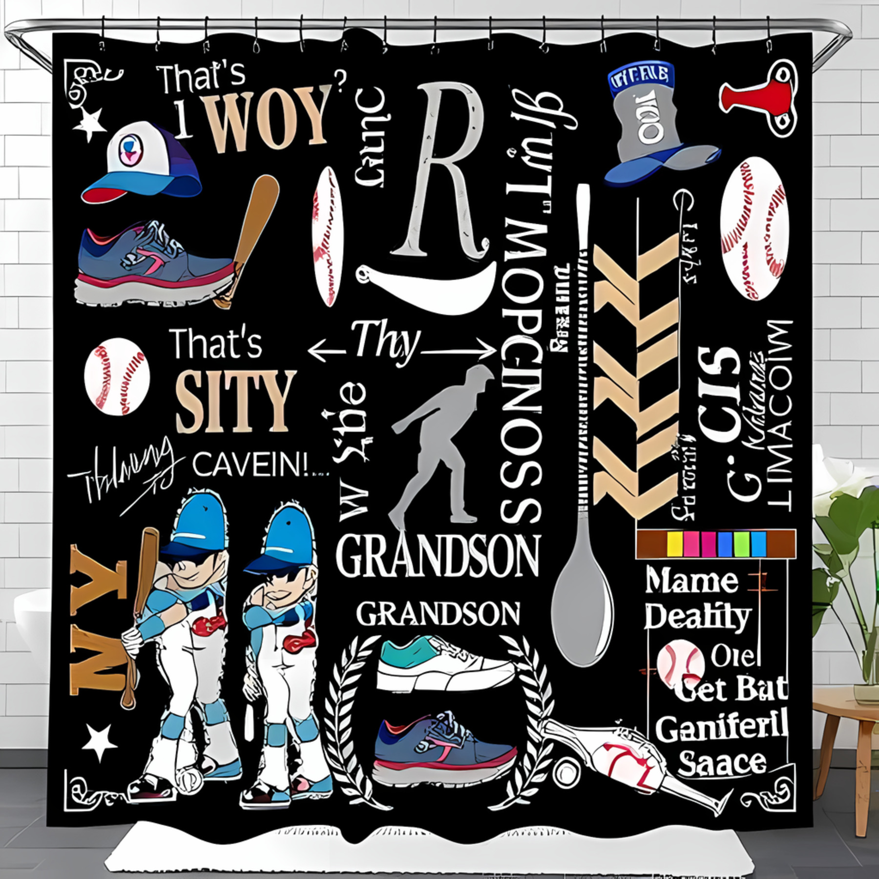 Baseball-Themed Shower Curtain with Fun Illustrations Cartoon ...