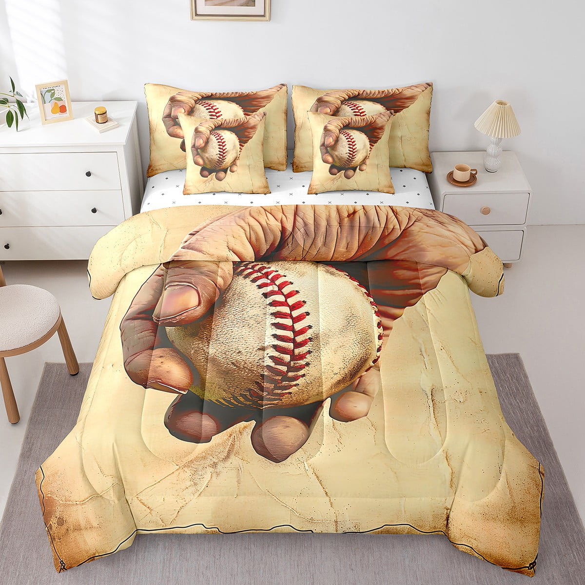 Baseball Twin Comforter Set,3D Retro Softball 7 Pieces Bed in a Bag ...
