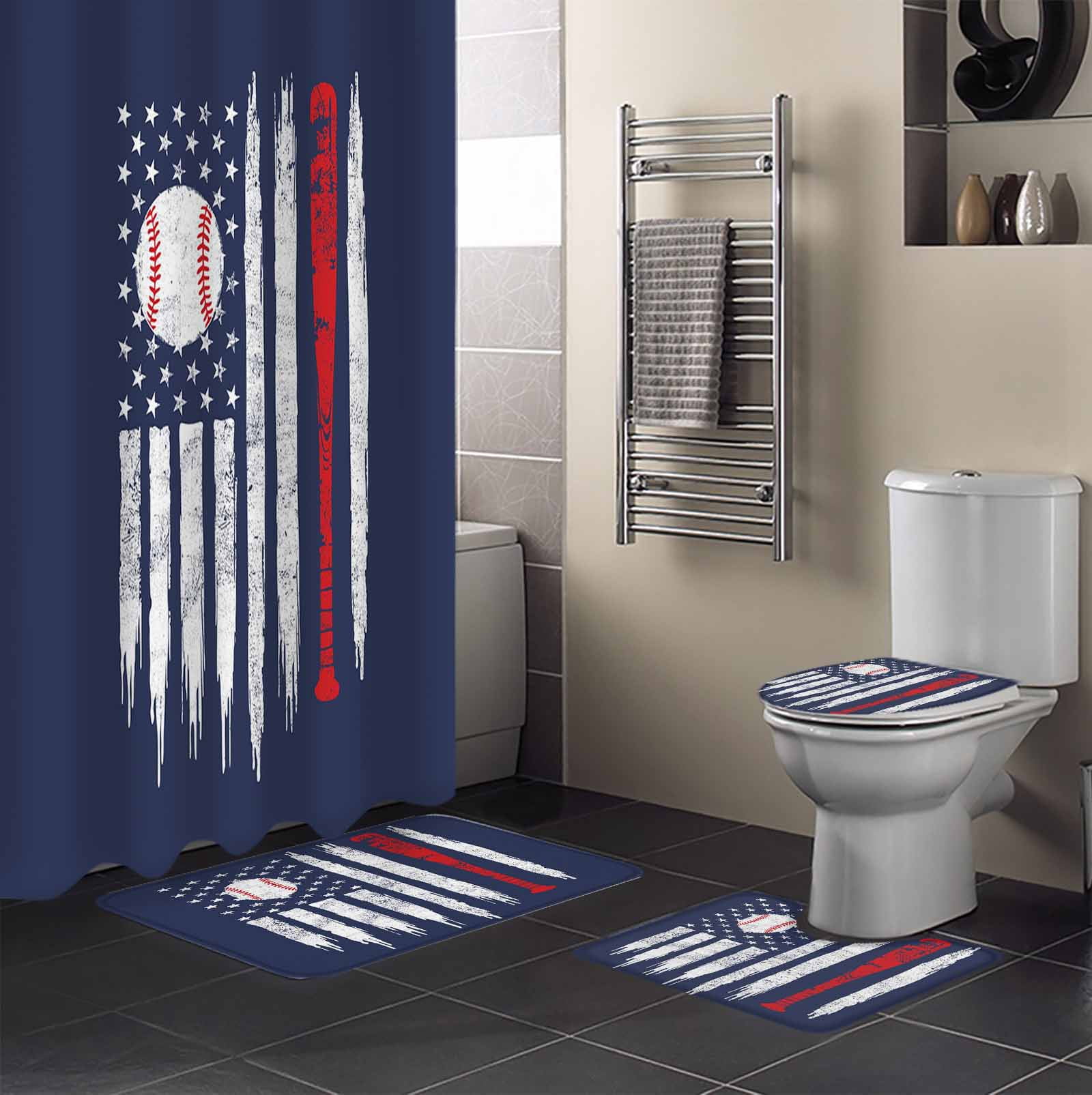 Baseball USA Flag 4PCS Shower Curtains Set with Toilet Lid Cover Non ...