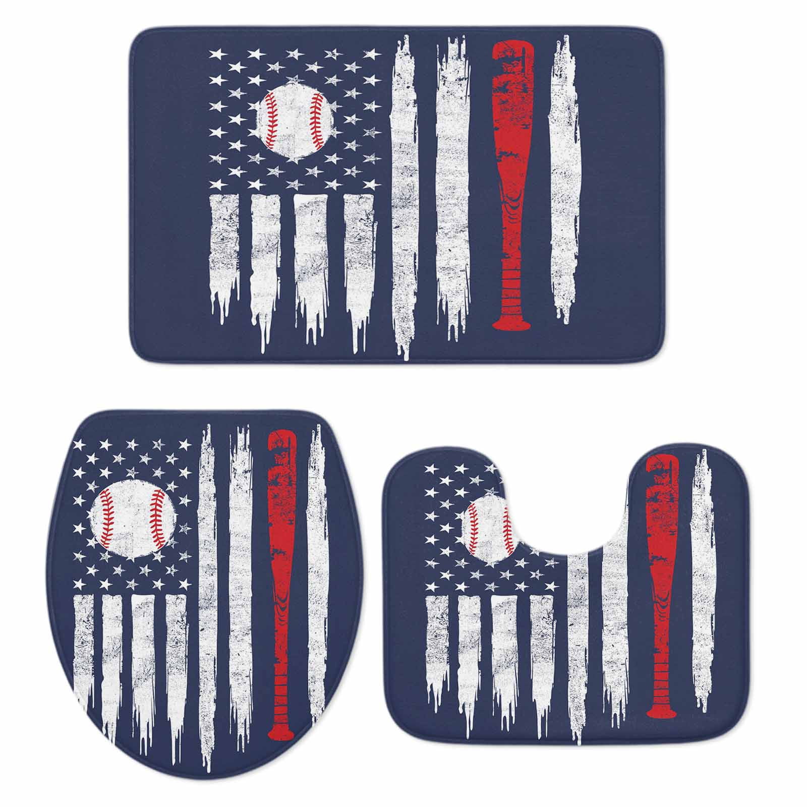 Baseball USA Flag Bathroom Rugs Set Distressed Vintage Red White ...