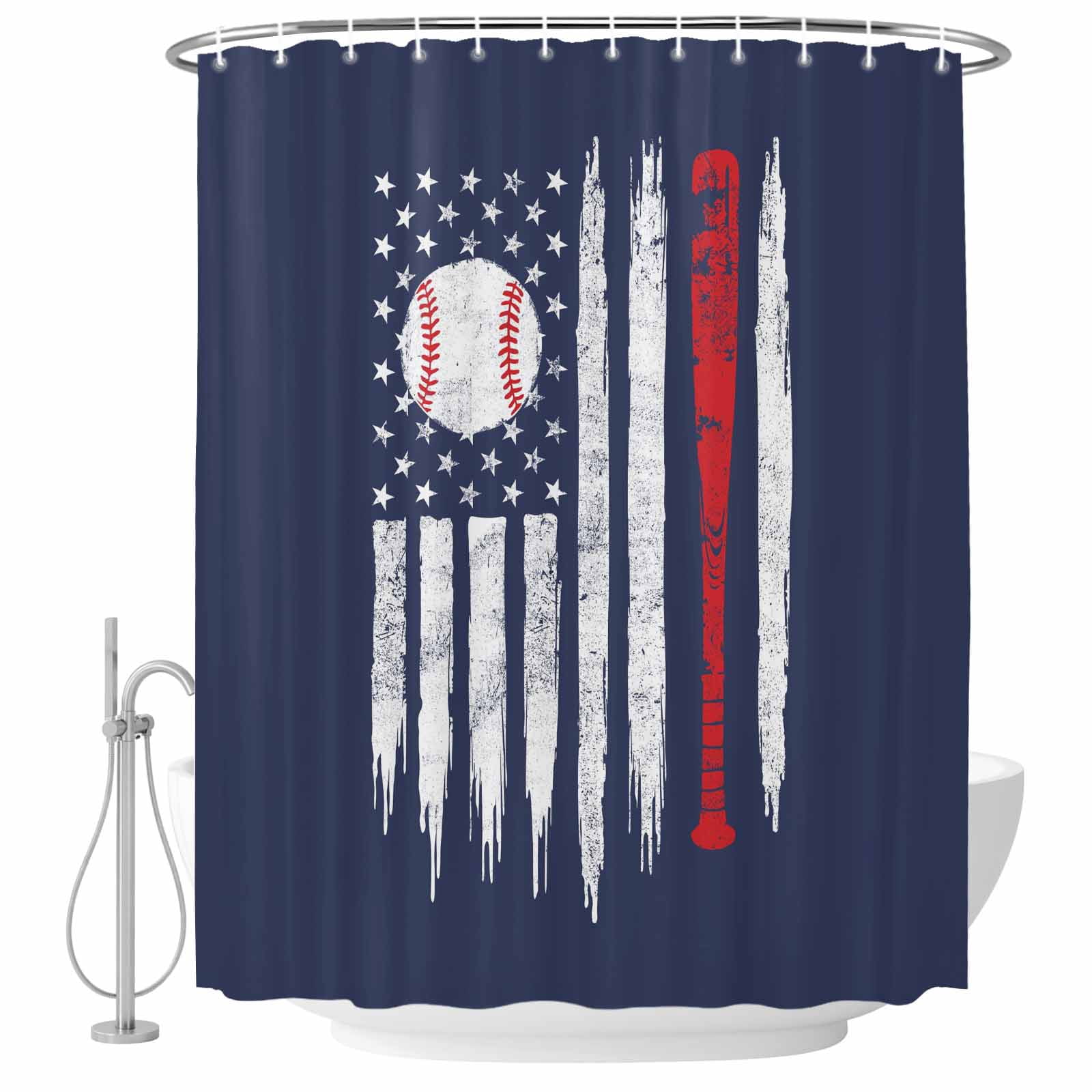Baseball USA Flag Bathroom Shower Curtains with Hooks, Distressed ...