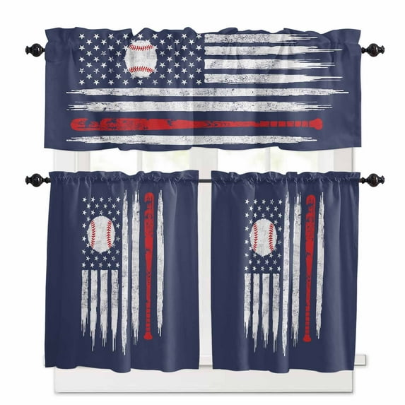 Baseball USA Flag Kitchen Curtains Valance and Tier Set Distressed ...