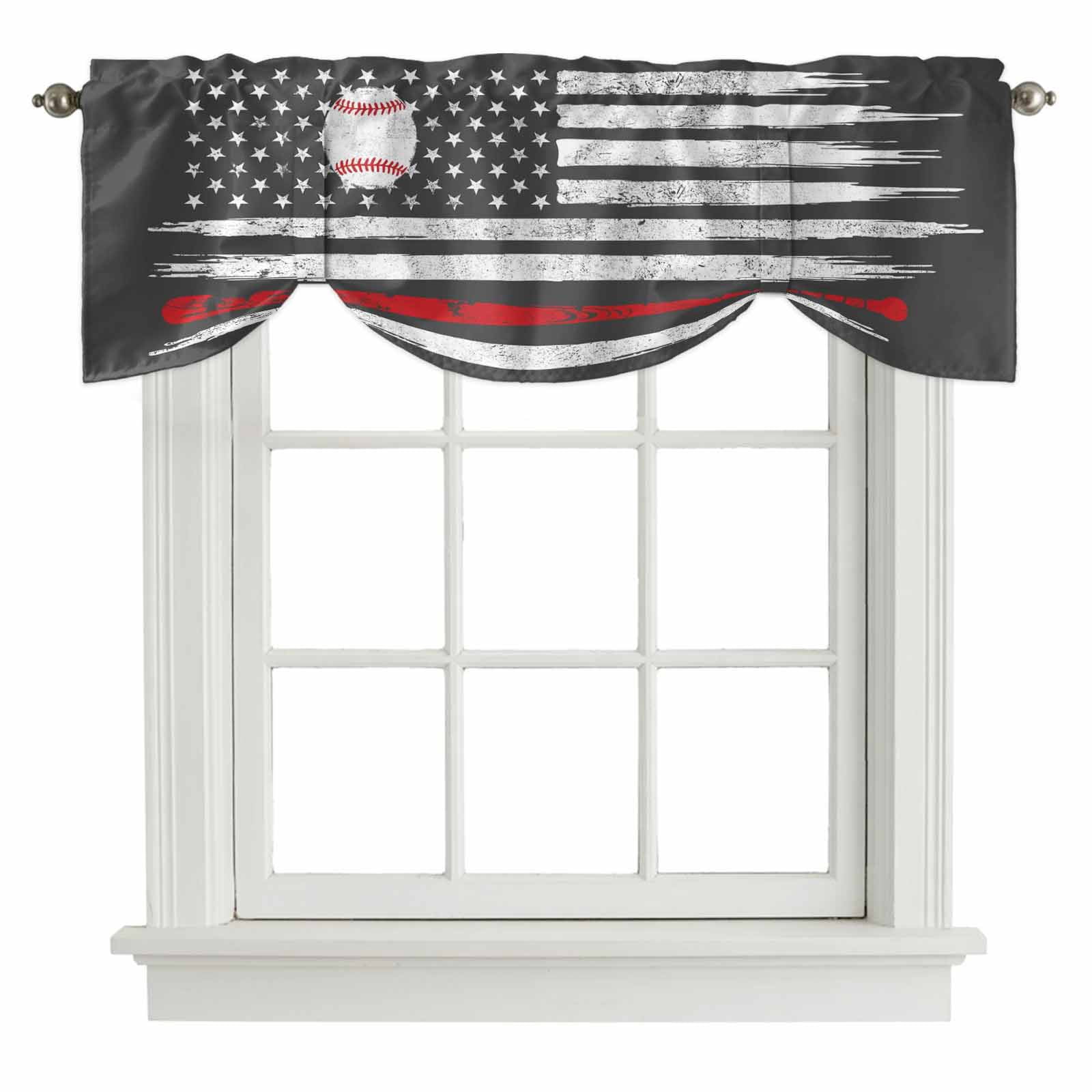 Baseball USA Flag Tie Up Valance Curtains Distressed Vintage Red White ...