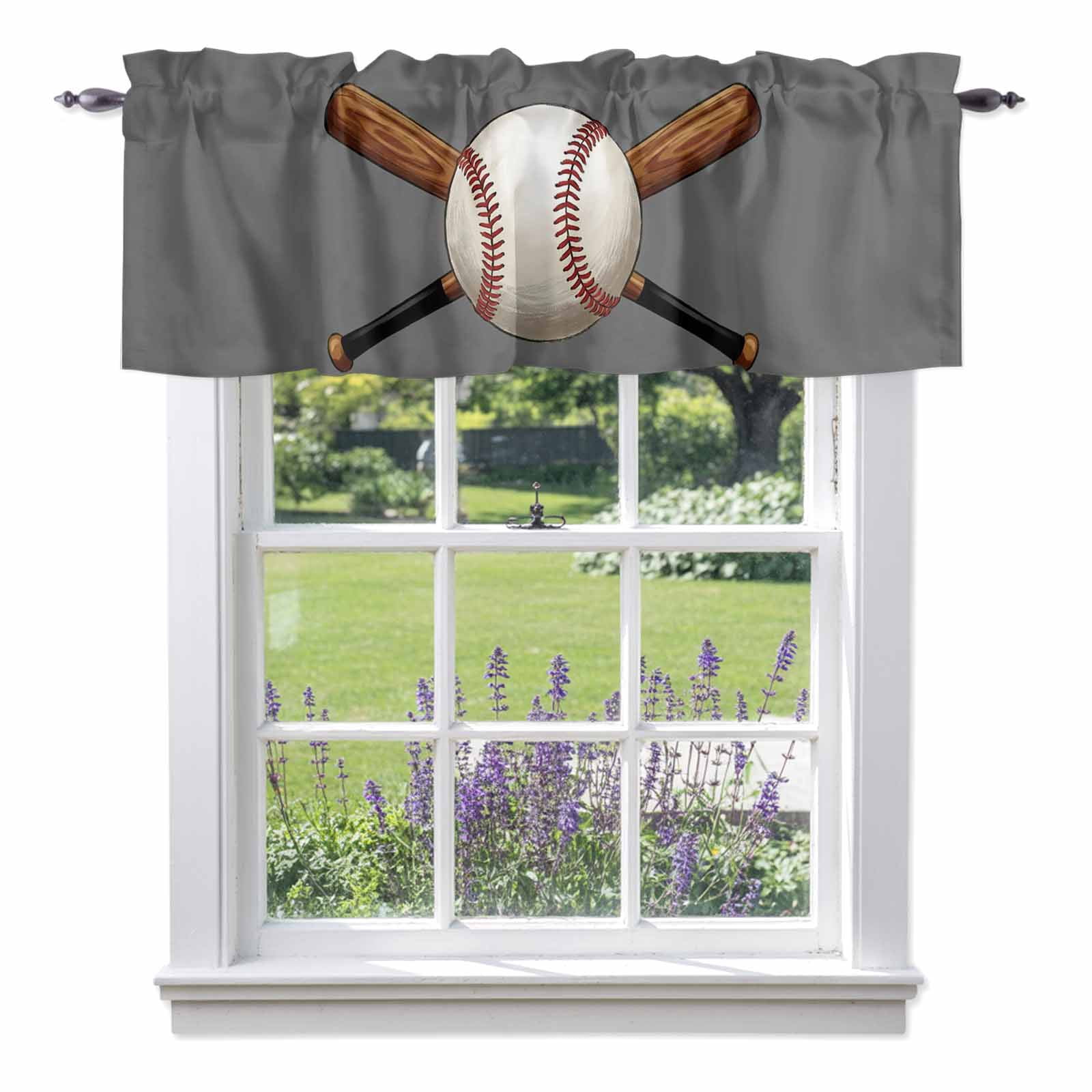 Baseball Valance Curtain Sports Gray Background Cartoon Window Valances ...