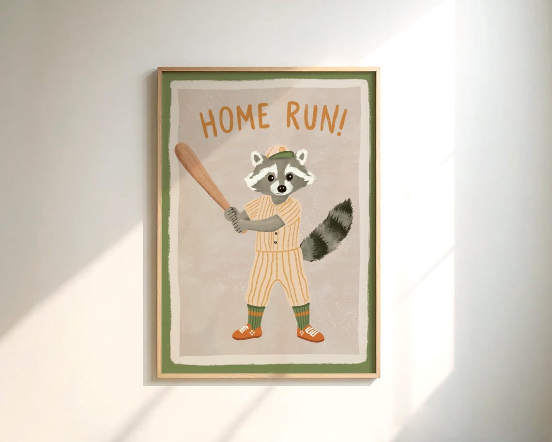 Baseball Wall Art For Room Animal Sports Whimsical Print Unframed Paper ...