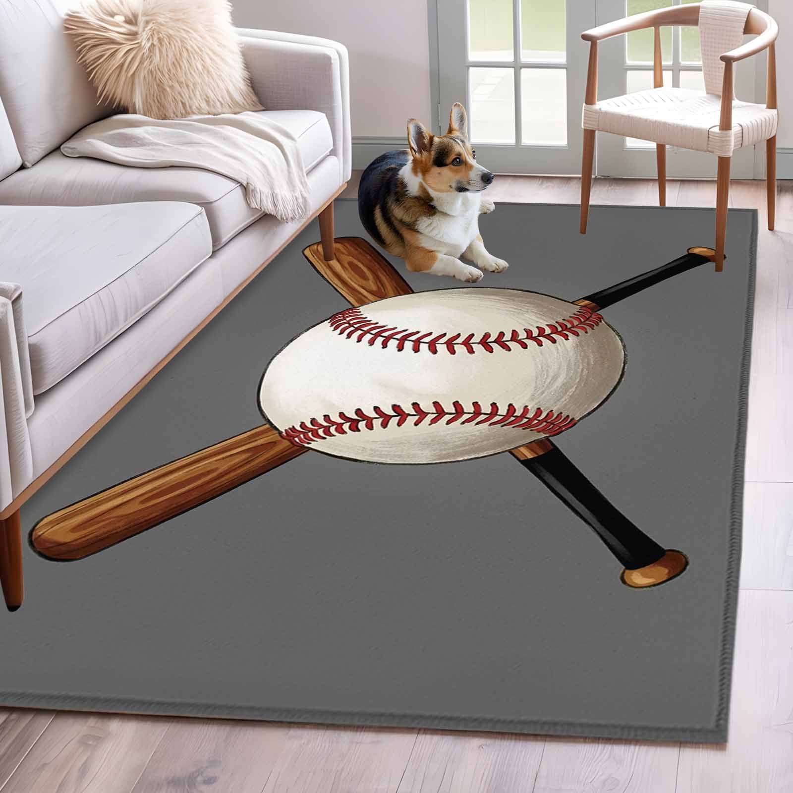 Baseball Washable Area Rug 3x5 Sports Gray Background Cartoon Low ...