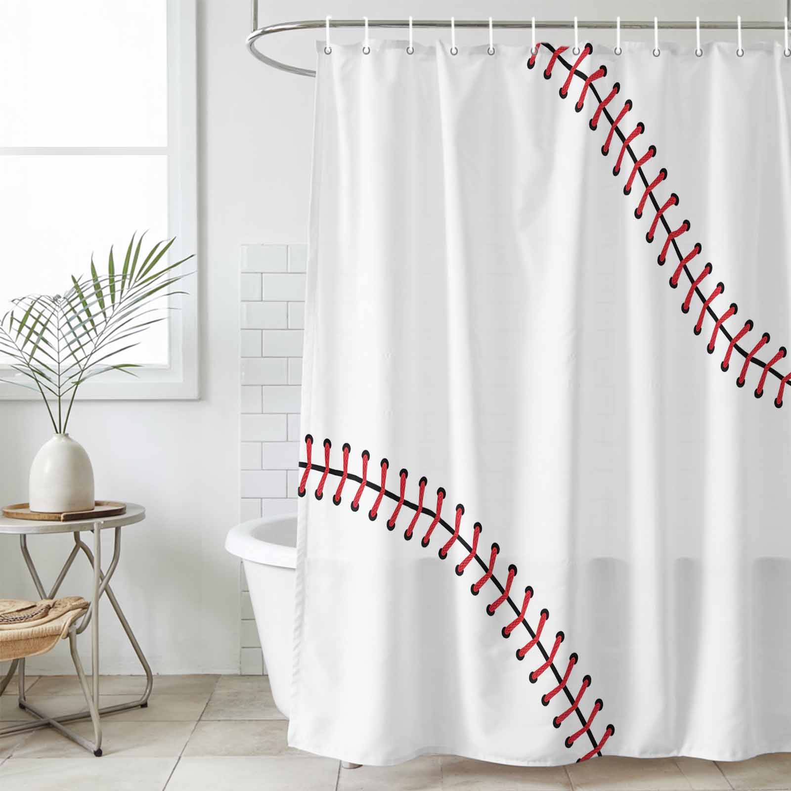 Baseball Waterproof Fabric Shower Curtain, Modern Minimalist Red Lines ...