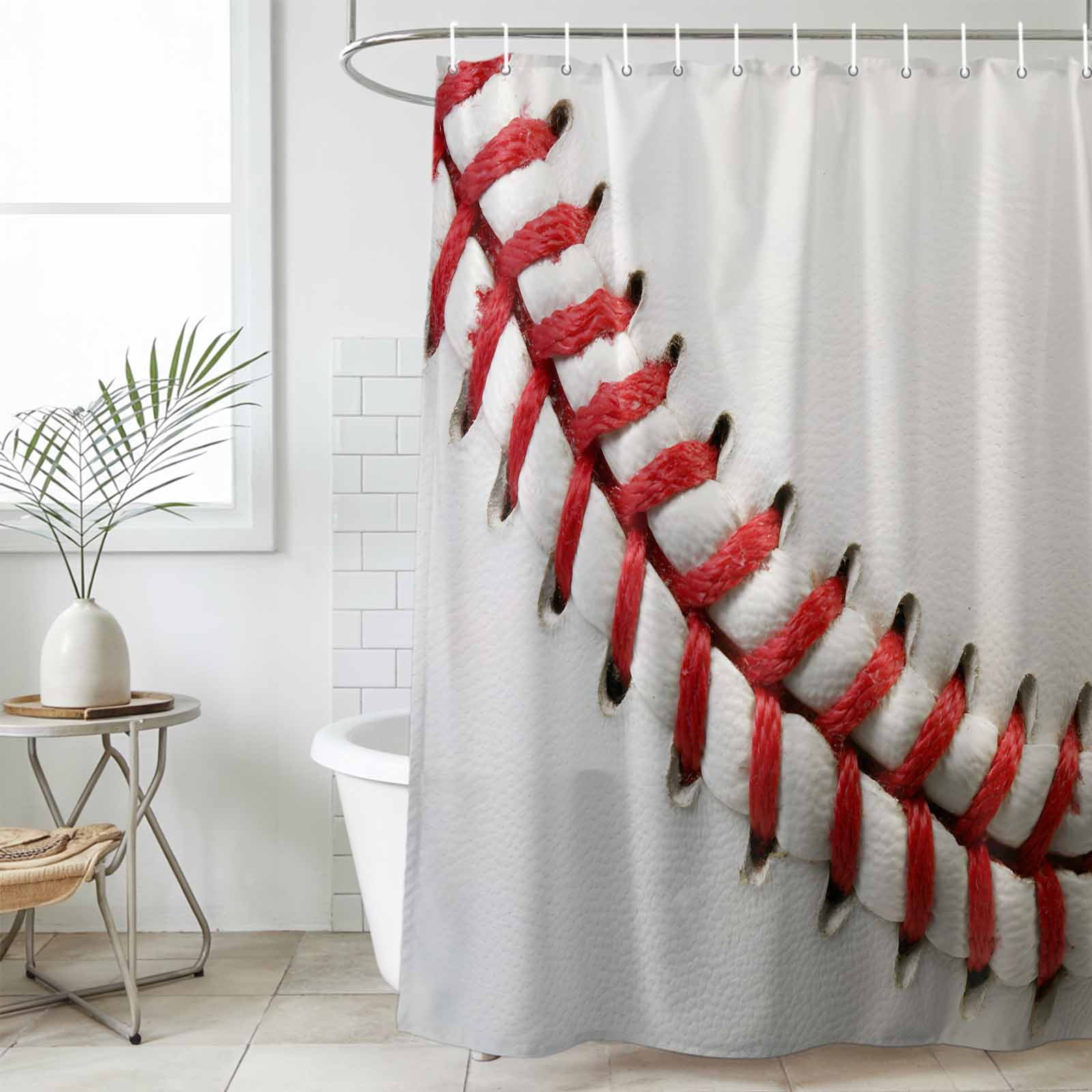 Baseball Waterproof Fabric Shower Curtain,Red White Texture Sports Ball ...