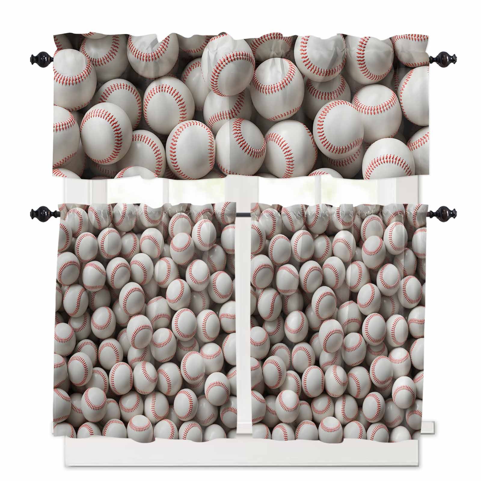 Baseball White Softball Window Curtains Valance Set of 3 Sport Theme ...