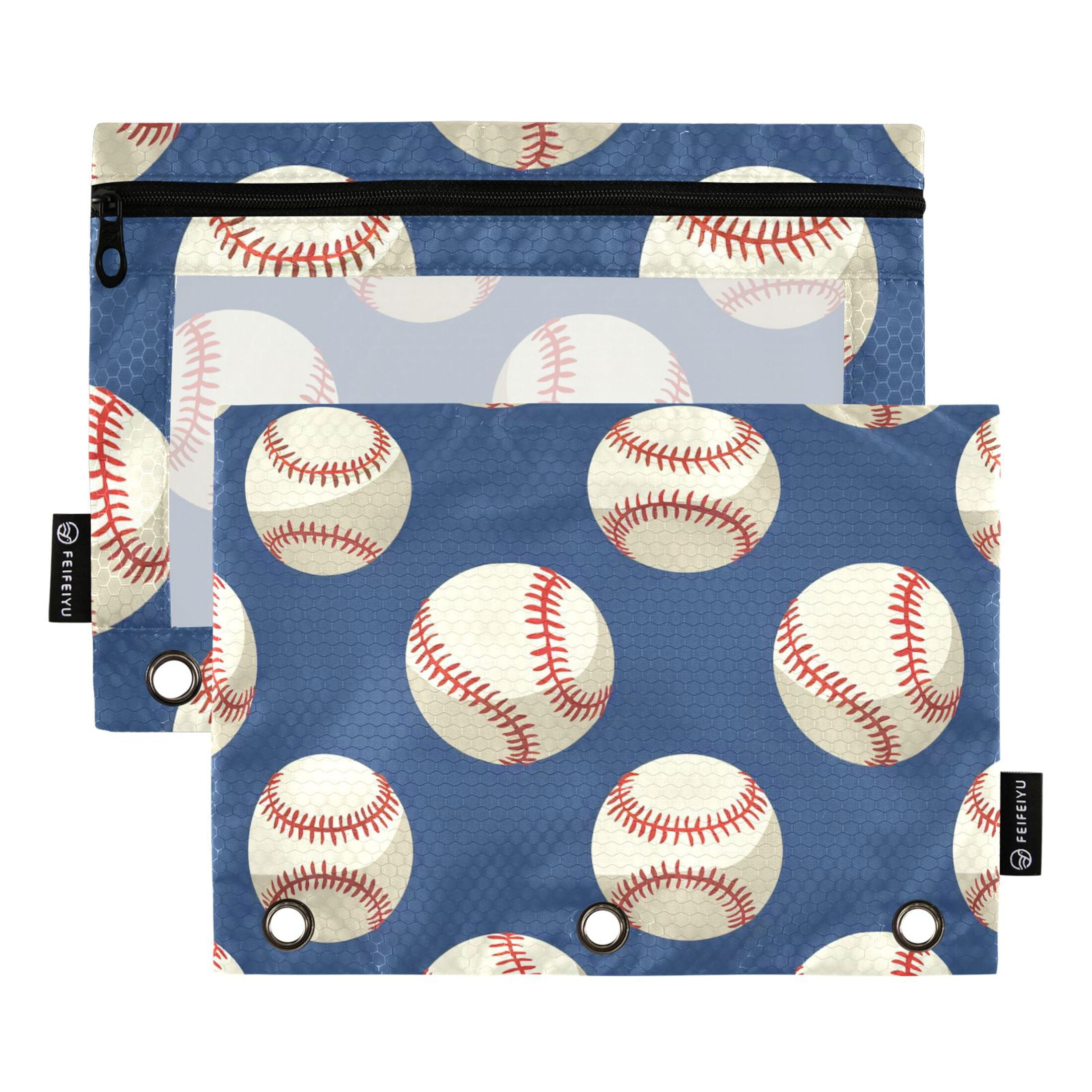 Baseball on Blue 2 Pack Pencil Pouch for 3 Ring Binder Smooth Zipper ...