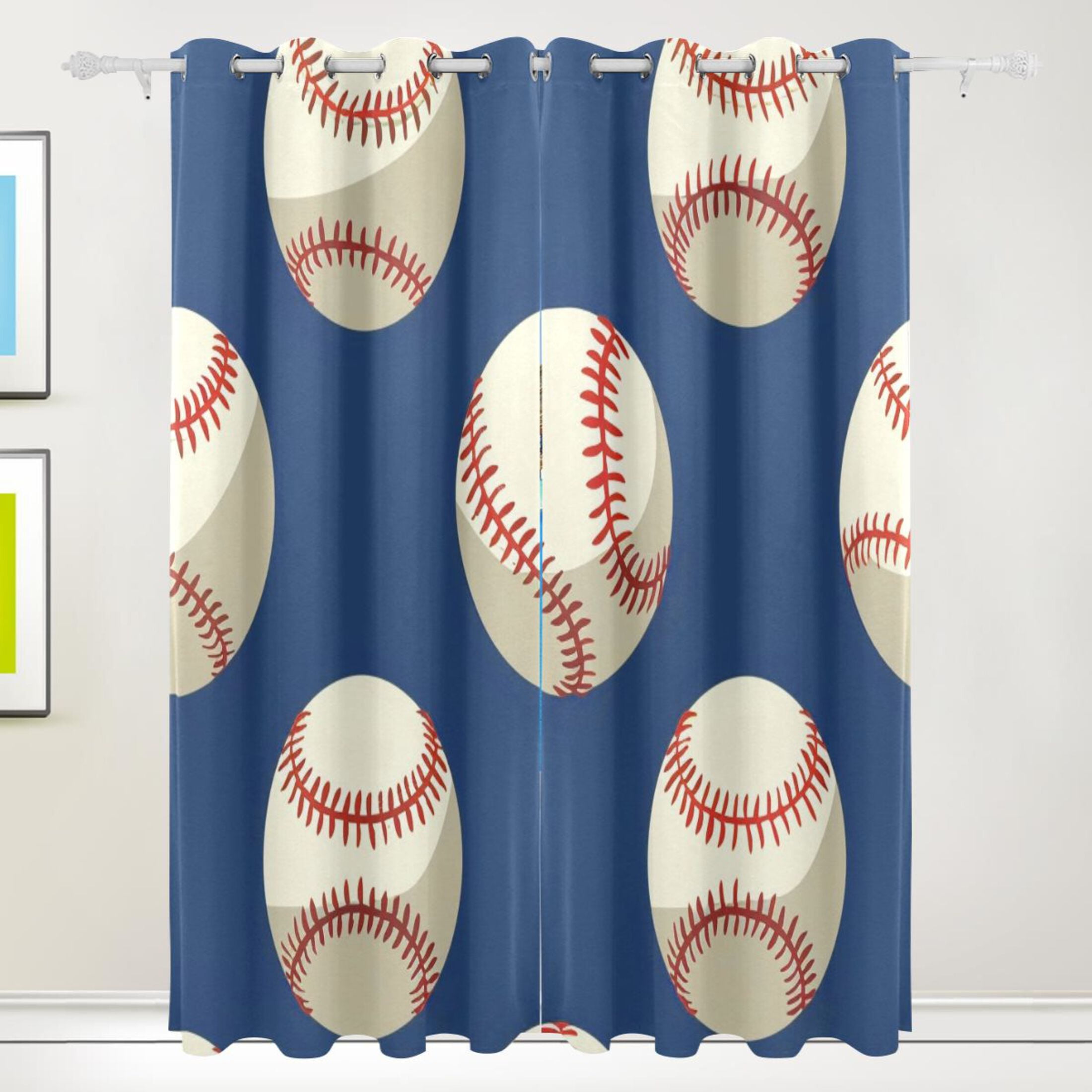 Baseball on Blue Blackout Curtains 2 Panels Set Grommet Drapes for ...