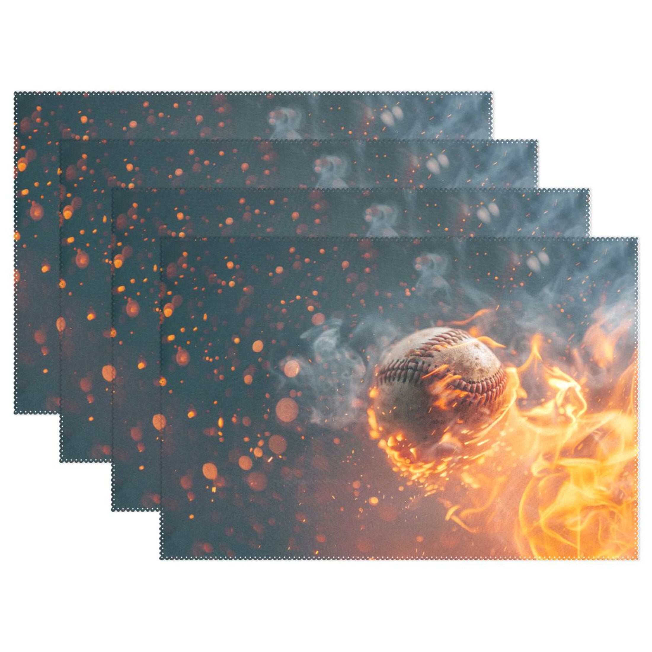 Baseball on Fire Table Mat Rectangle Placemat 4 Pcs for Kitchen Dining ...