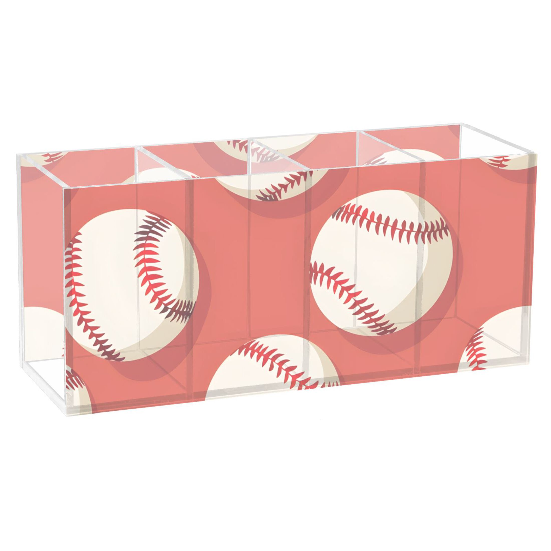 Baseball on Red Acrylic Pen Holder 4 Compartments Clear Pencil ...