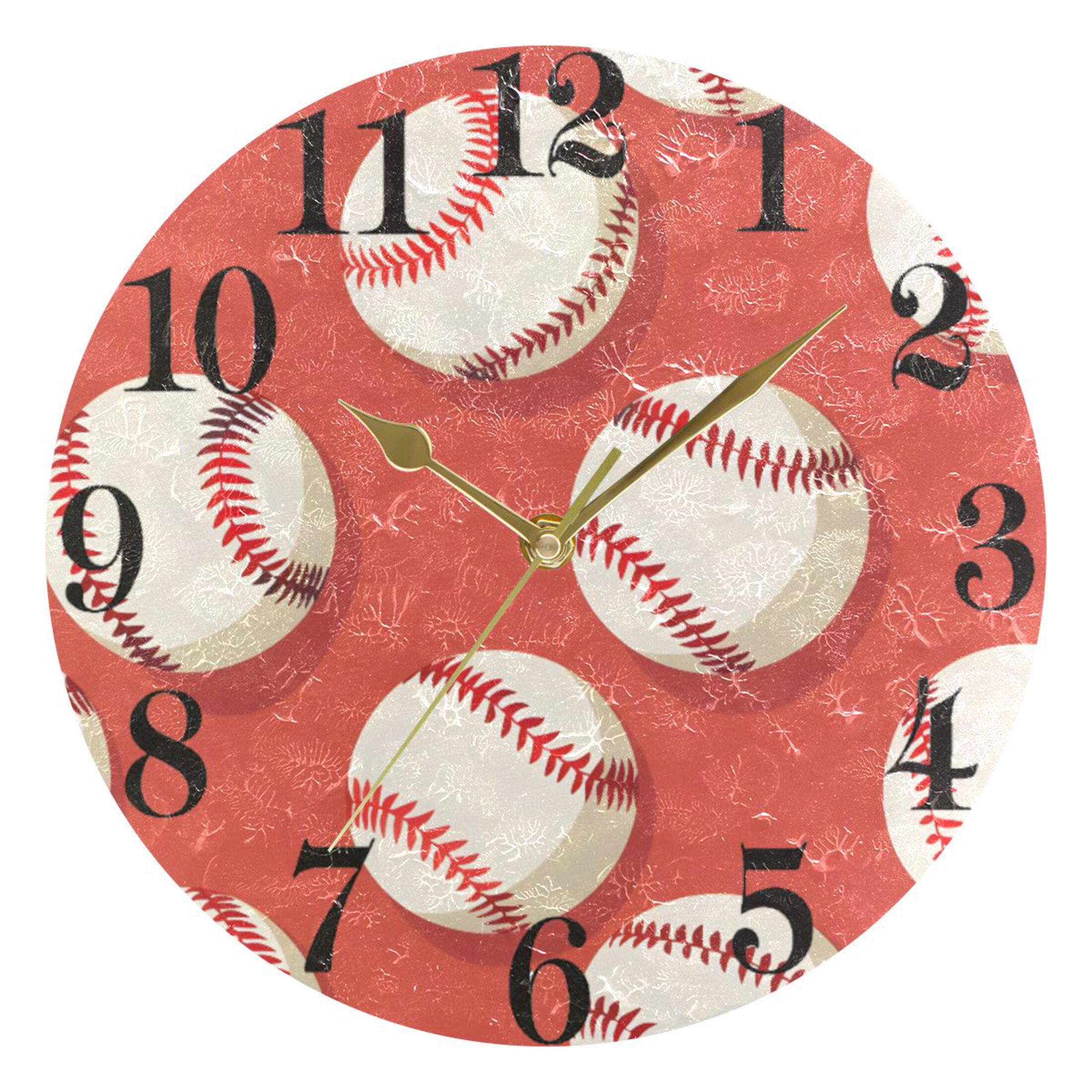 Baseball on Red Wall Clock 9.8 inch Battery Operated Clocks Non-Ticking ...