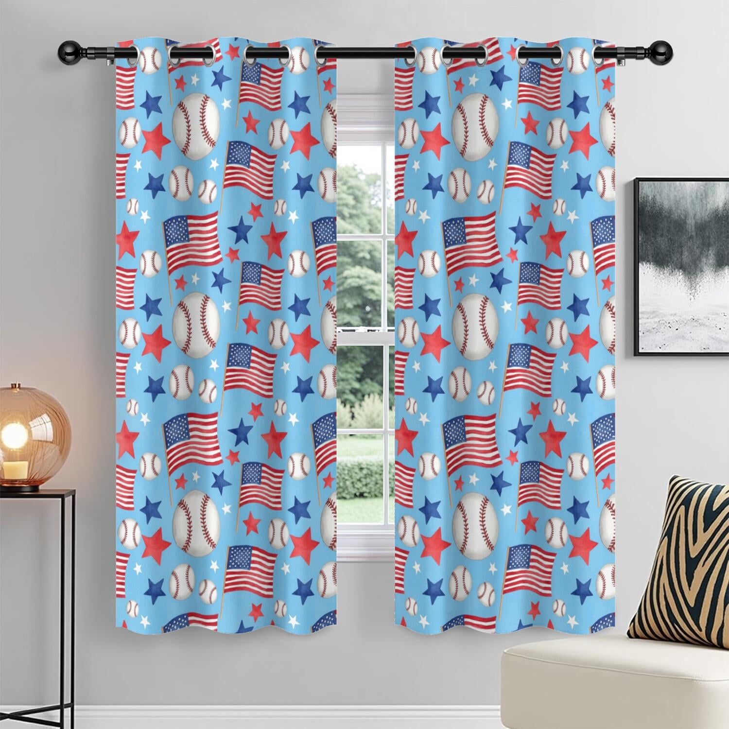 Baseballs and American Flags Blue Pattern Blackout Curtains,Triple ...