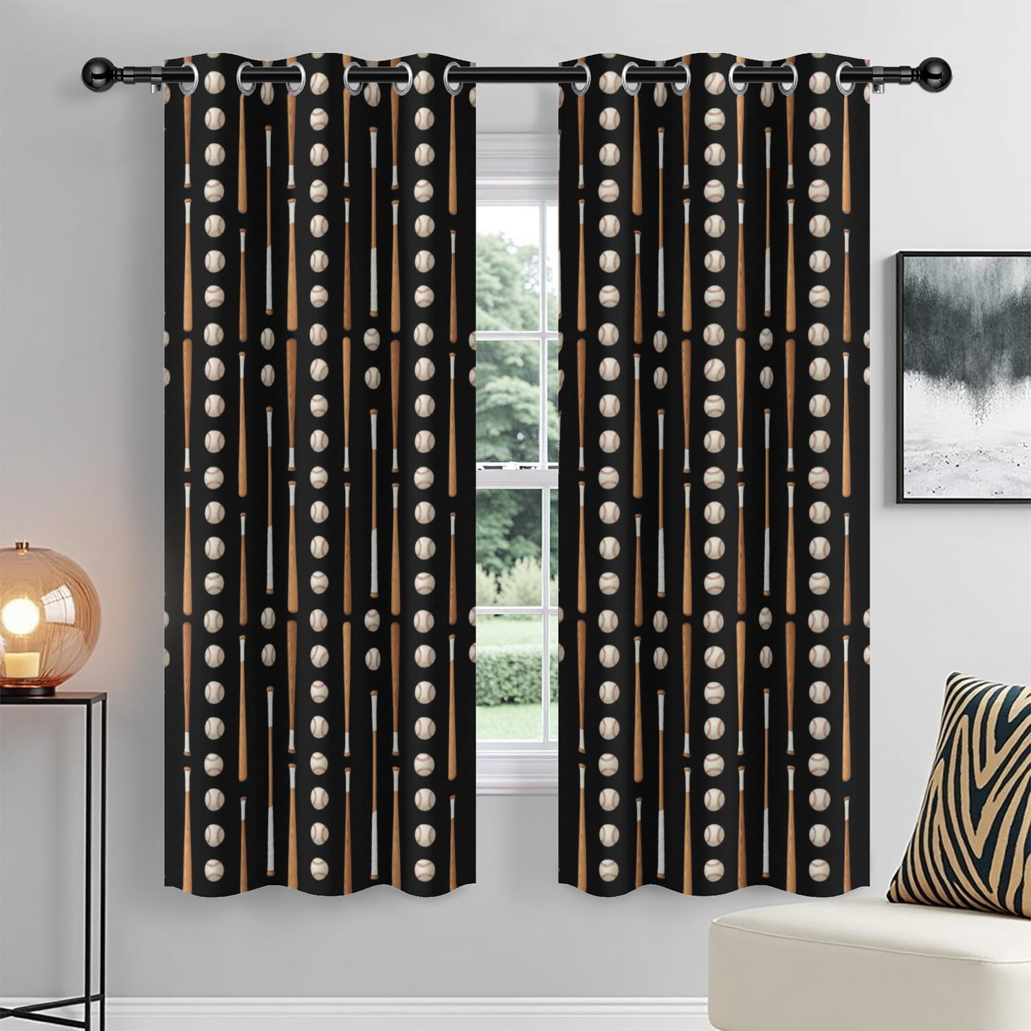 Baseballs Bats Black Pattern Blackout Curtains,Triple Weaved Fabric ...