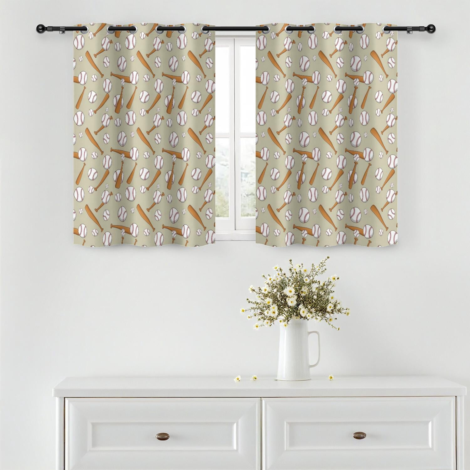 Baseballs and Bats Light Beige Pattern Blackout Curtains,Triple Weaved ...