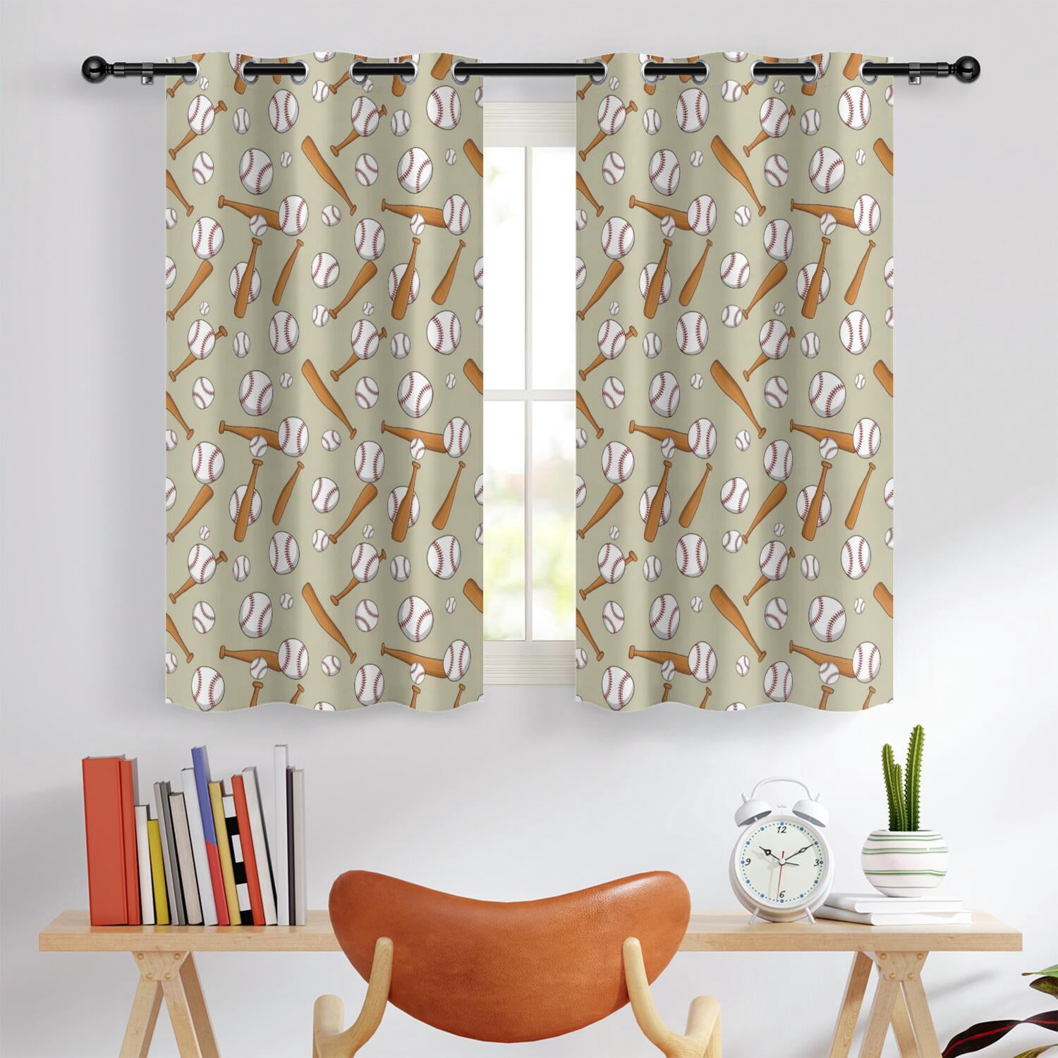 Baseballs and Bats Light Beige Pattern Blackout Curtains,Triple Weaved ...