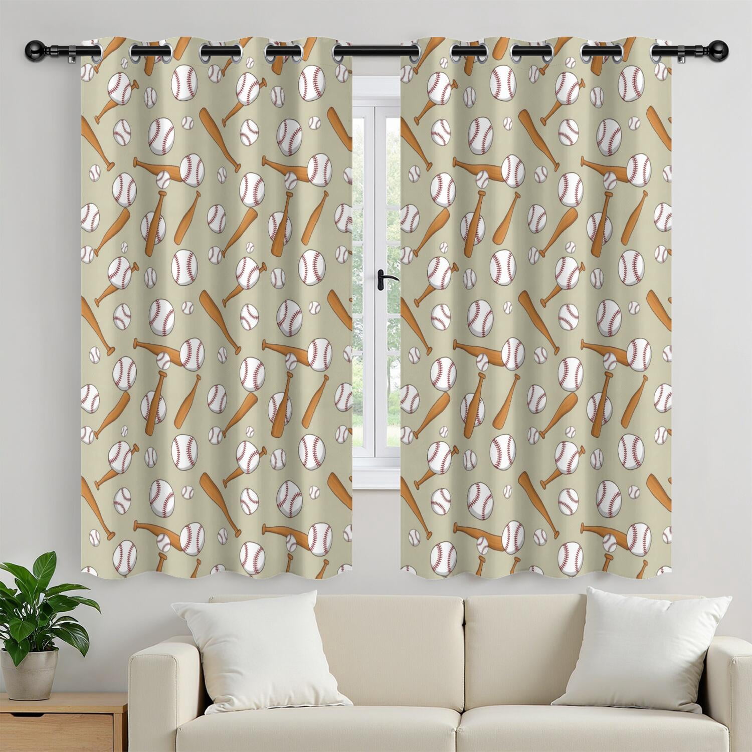 Baseballs and Bats Light Beige Pattern Blackout Curtains,Triple Weaved ...
