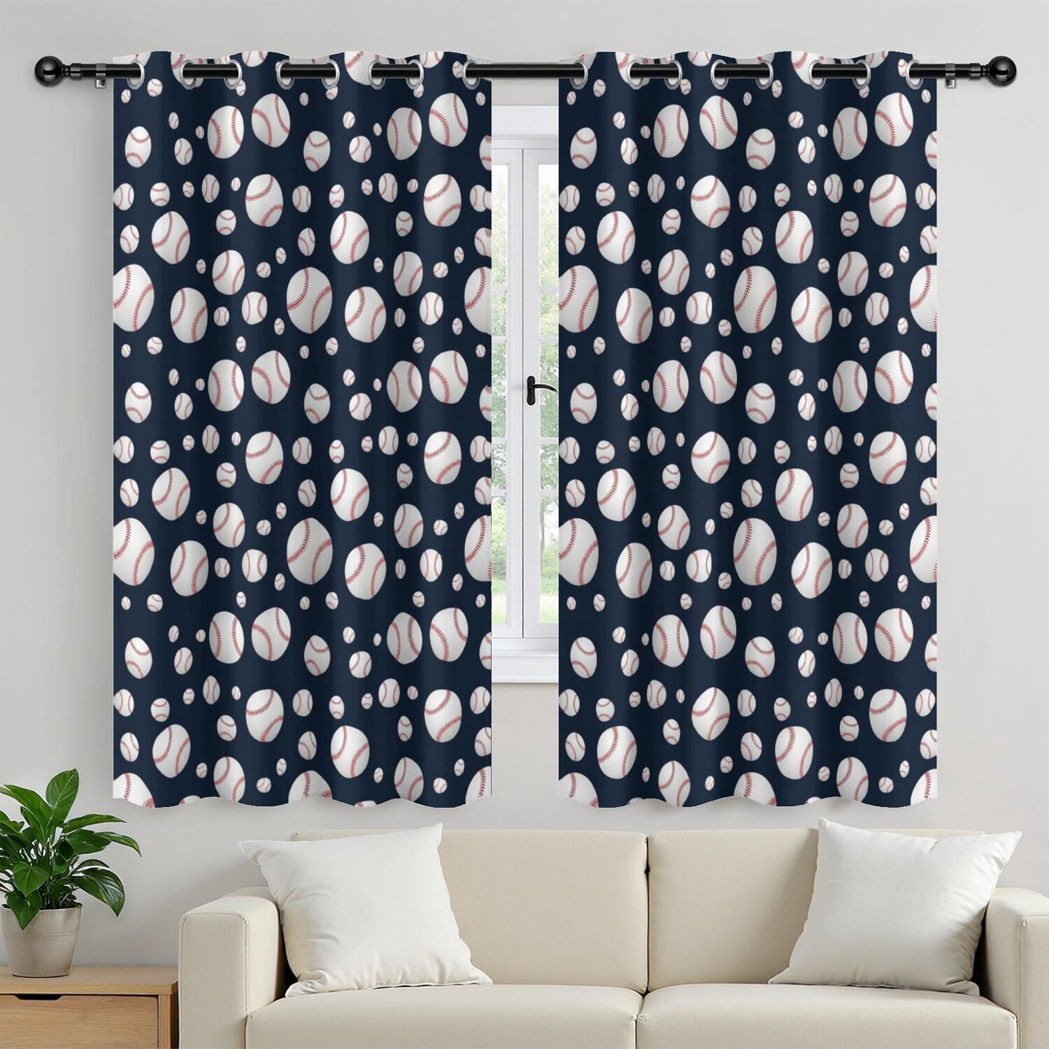 Baseballs Blue Pattern Blackout Curtains,Triple Weaved Fabric,Thermal ...