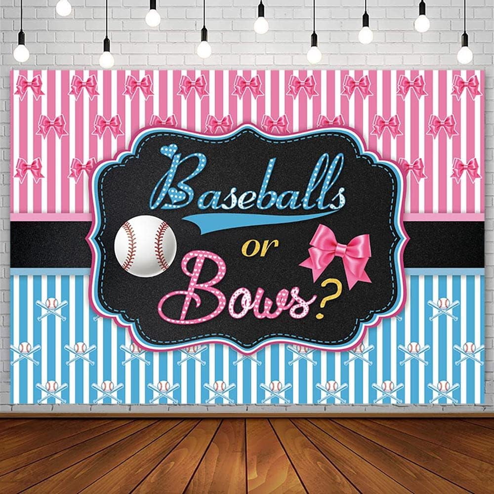 Baseballs or Bows Gender Reveal Backdrop Boy or Girl Pink or Blue He or ...