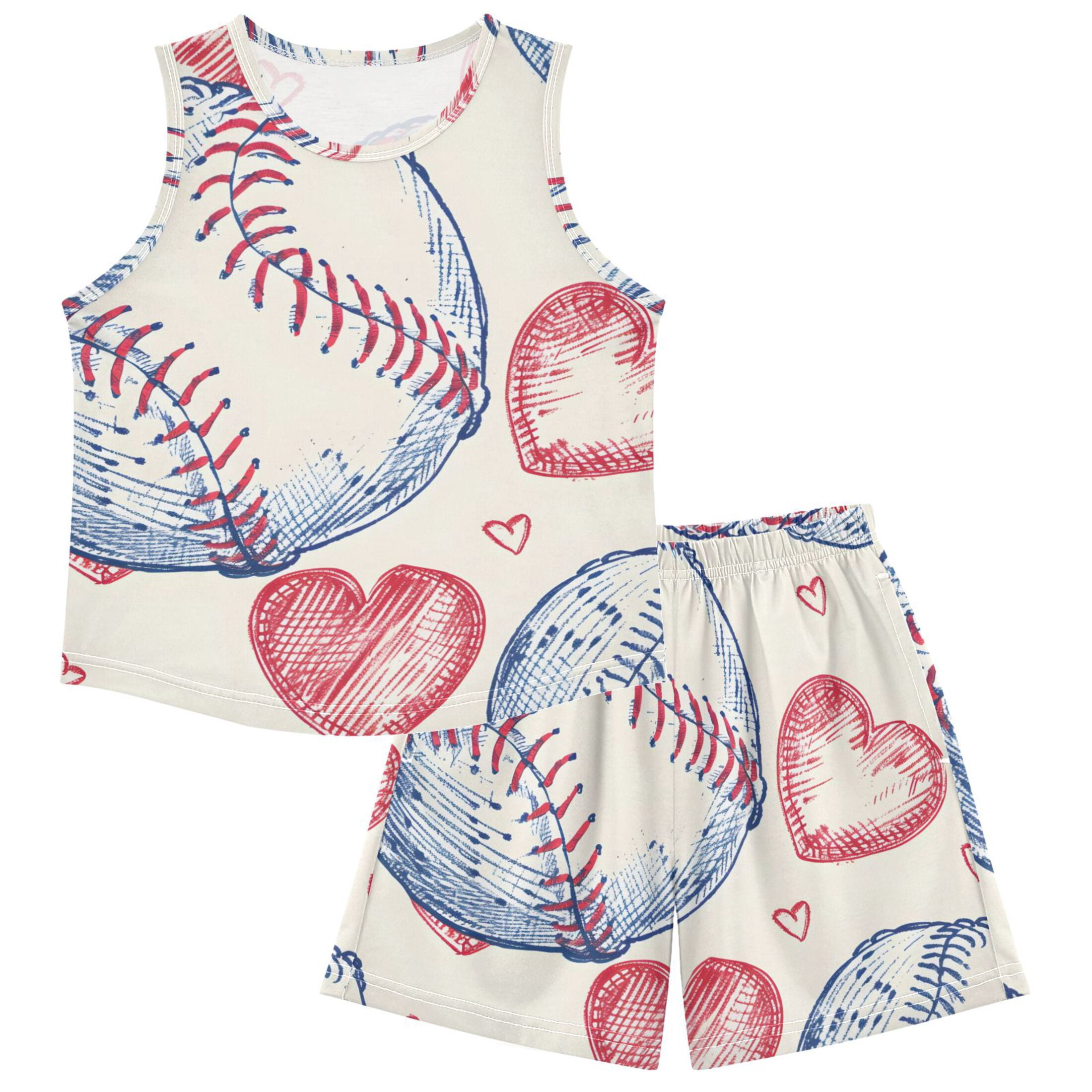 Baseballs Hearts Hand Painted Pajamas Set Sleeveless Sleepwear Tank ...