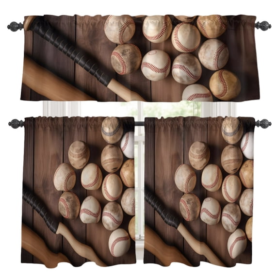 Baseballs Kitchen Curtains Set for Windows, Vintage Baseball and Bat ...