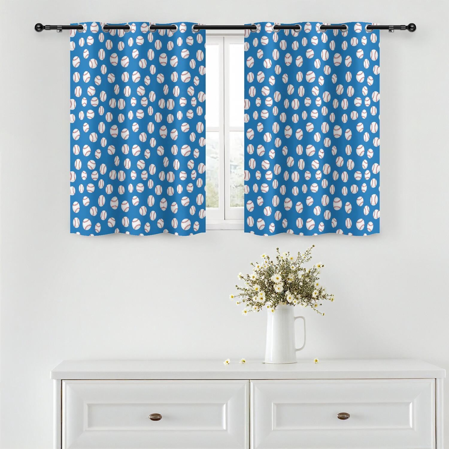 Baseballs Only Blue Pattern Blackout Curtains,Triple Weaved Fabric ...