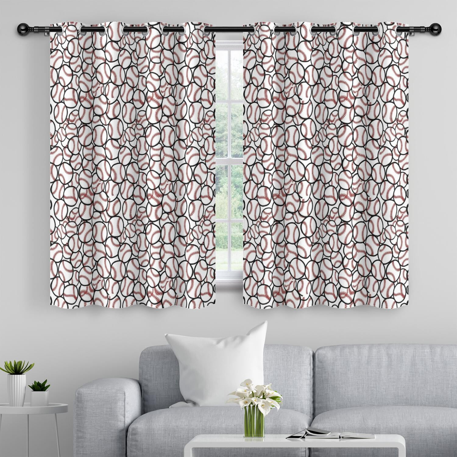 Baseballs Outlines White Pattern Blackout Curtains,Triple Weaved Fabric ...