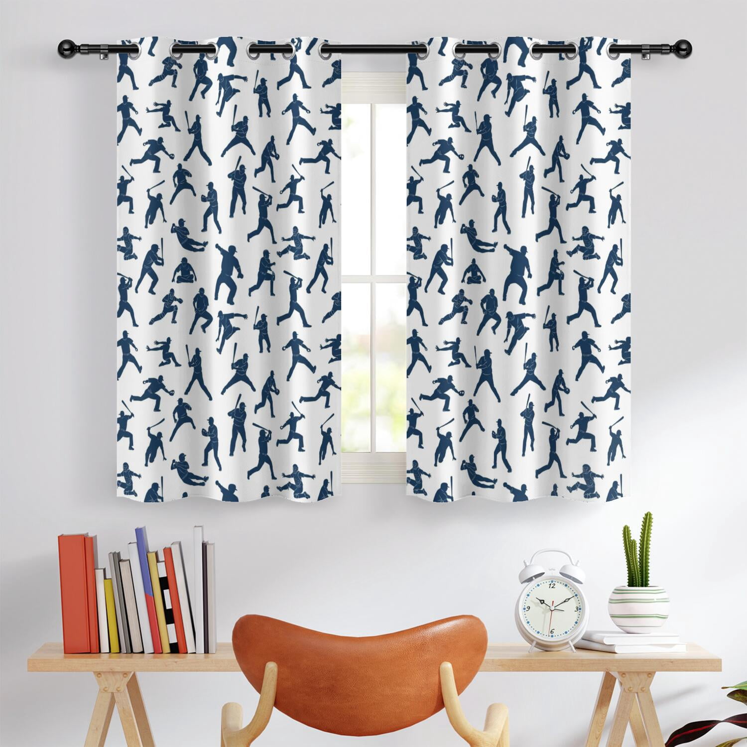 Baseballs and Player Silhouettes White Blackout Curtains,Triple Weaved ...