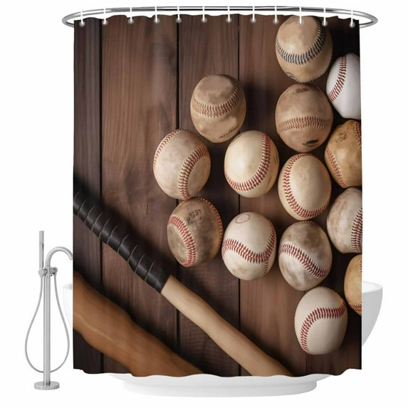 Baseballs Shower Curtain, 48" x 72", Vintage Baseball and Bat Sport ...