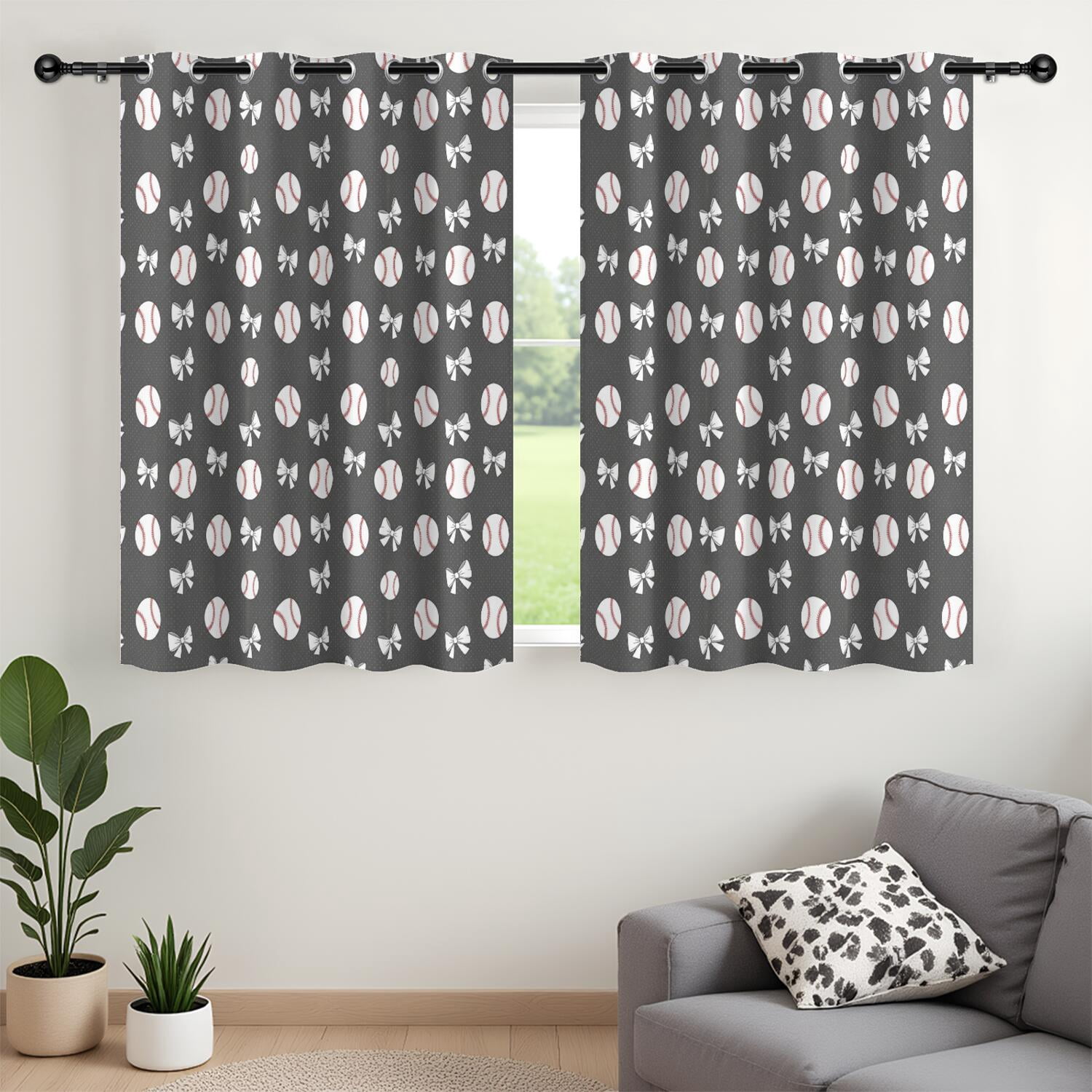Baseballs and Bows Gray Pattern Blackout Curtains,Triple Weaved Fabric ...