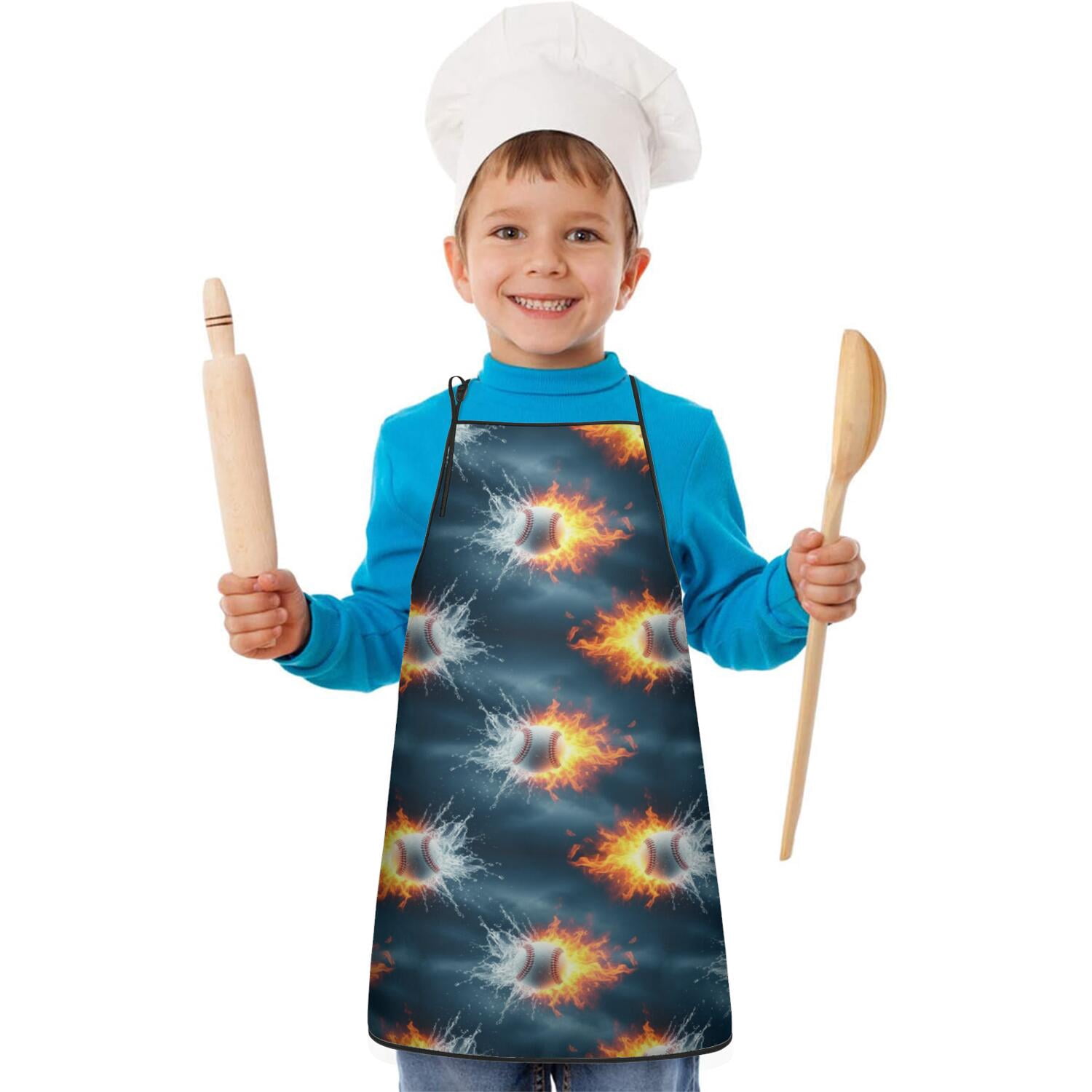 Baseballs and Flames Blue Teens Aprons, Adjustable Neck Strap, Toddler ...