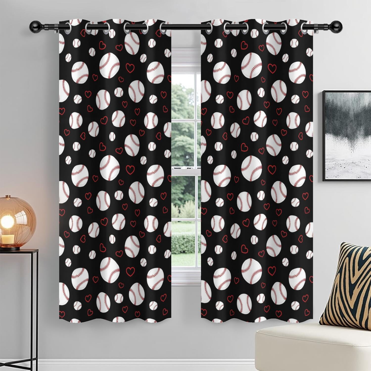 Baseballs and Hearts Black Pattern Blackout Curtains,Triple Weaved ...