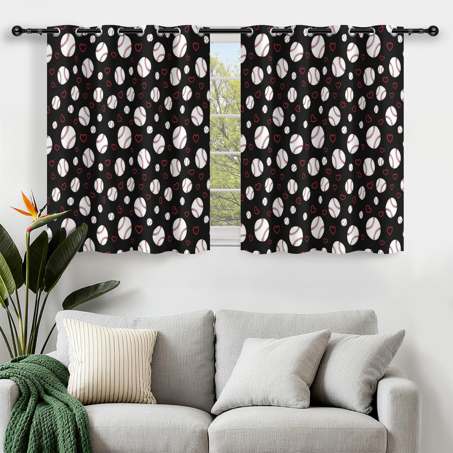 Baseballs and Hearts Black Pattern Blackout Curtains,Triple Weaved ...