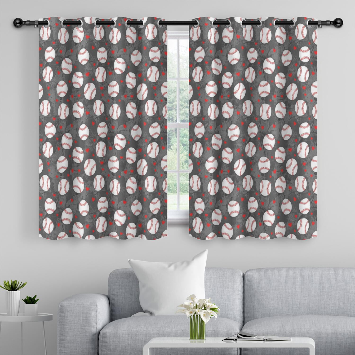 Baseballs and Hearts Gray Pattern Blackout Curtains,Triple Weaved ...