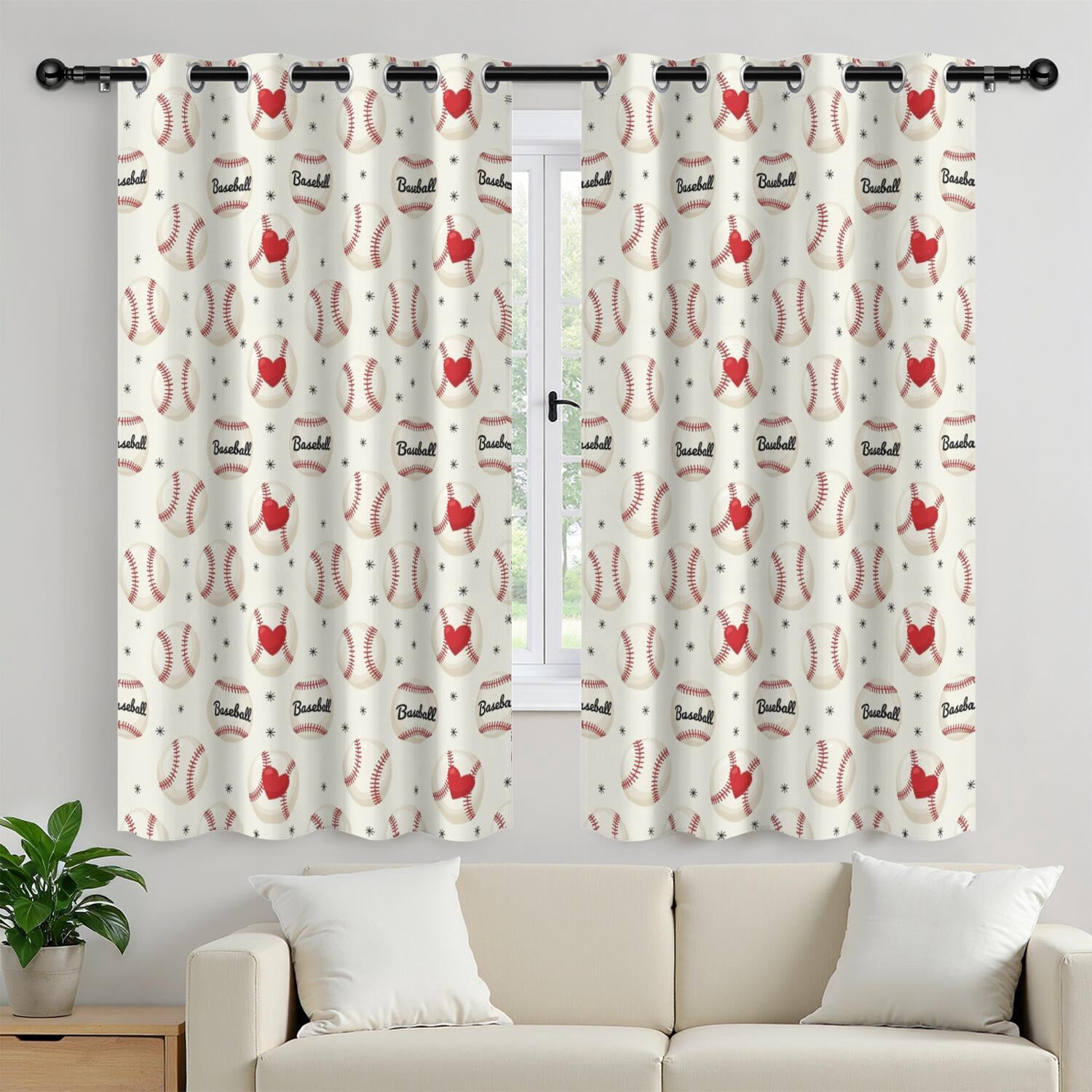Baseballs and Hearts Light Beige Blackout Curtains,Triple Weaved Fabric ...