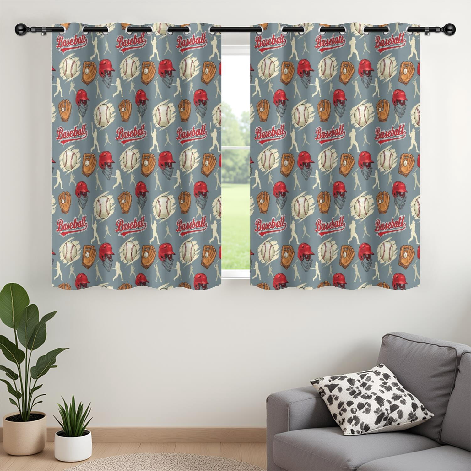 Baseballs and Helmets Light Blue Blackout Curtains,Triple Weaved Fabric ...