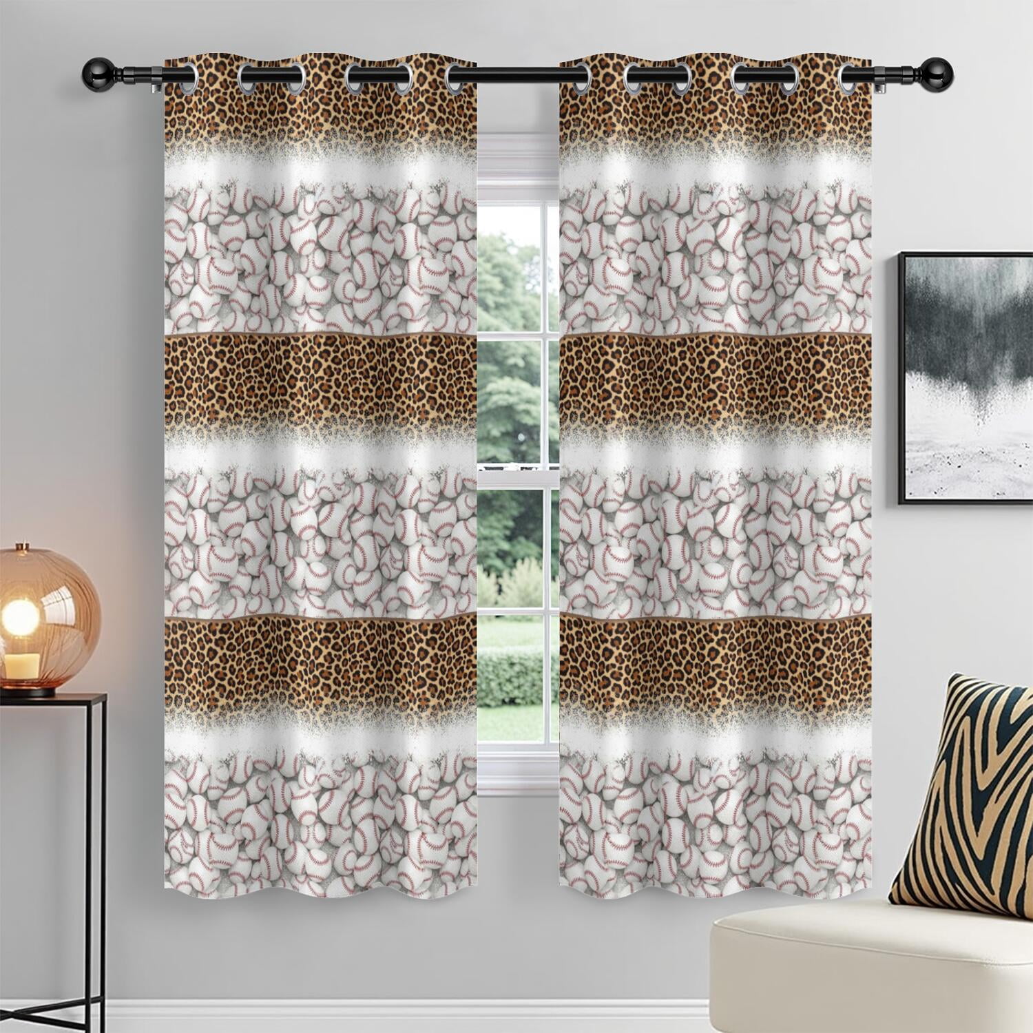 Baseballs and Leopard Print Blackout Curtains,Triple Weaved Fabric ...