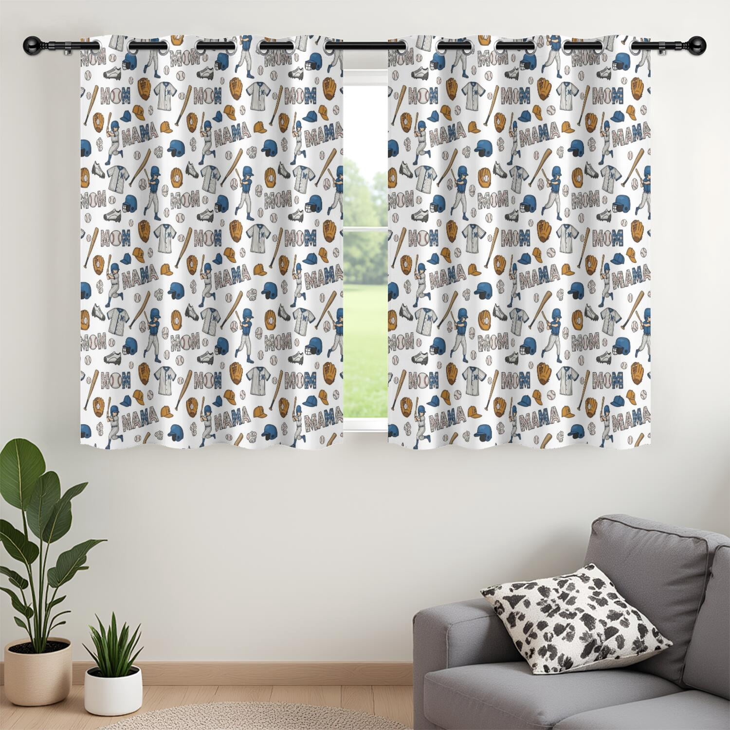 Baseballs and Mom Letters White Blackout Curtains,Triple Weaved Fabric ...