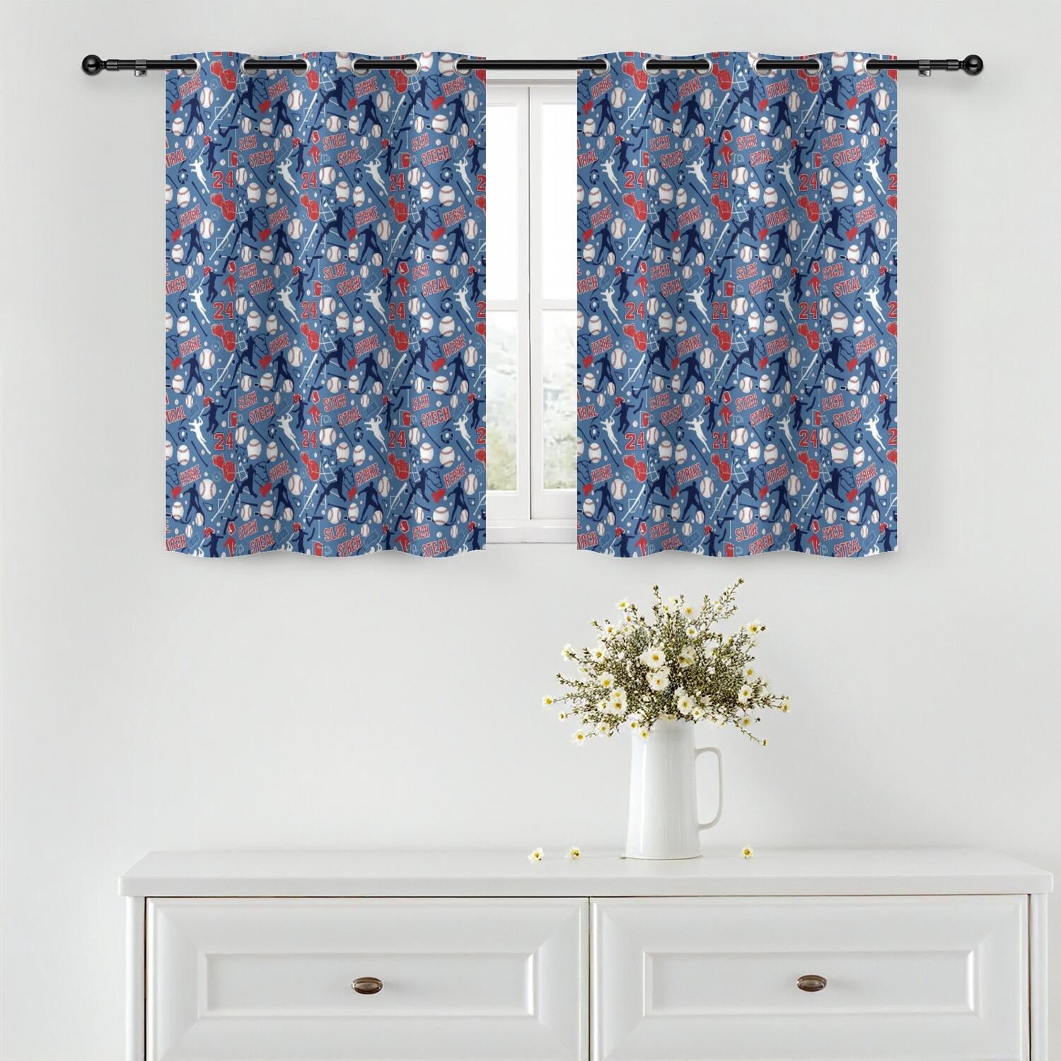 Baseballs and Numbers Blue Pattern Blackout Curtains,Triple Weaved ...
