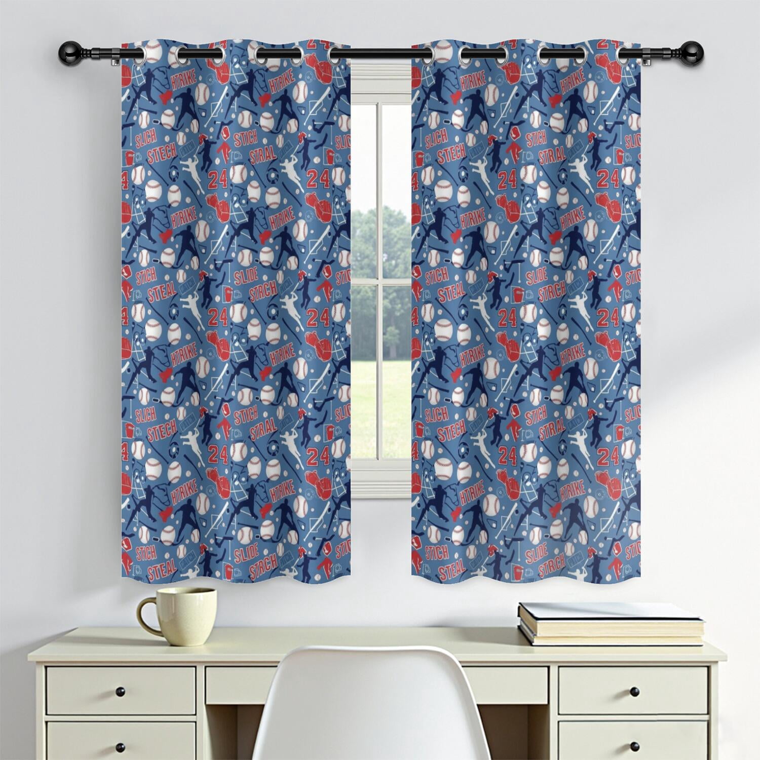 Baseballs and Numbers Blue Pattern Blackout Curtains,Triple Weaved ...