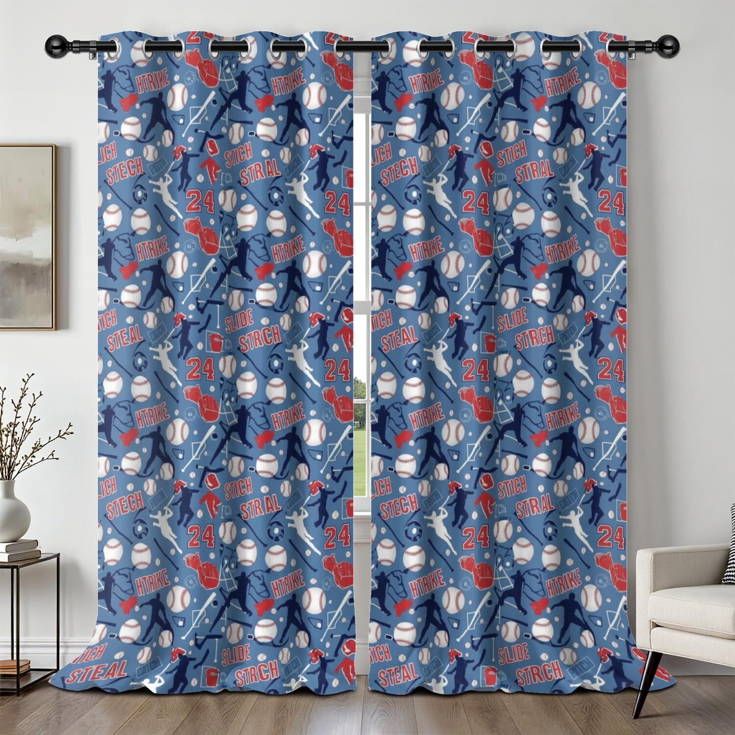 Baseballs and Numbers Blue Pattern Blackout Curtains,Triple Weaved ...