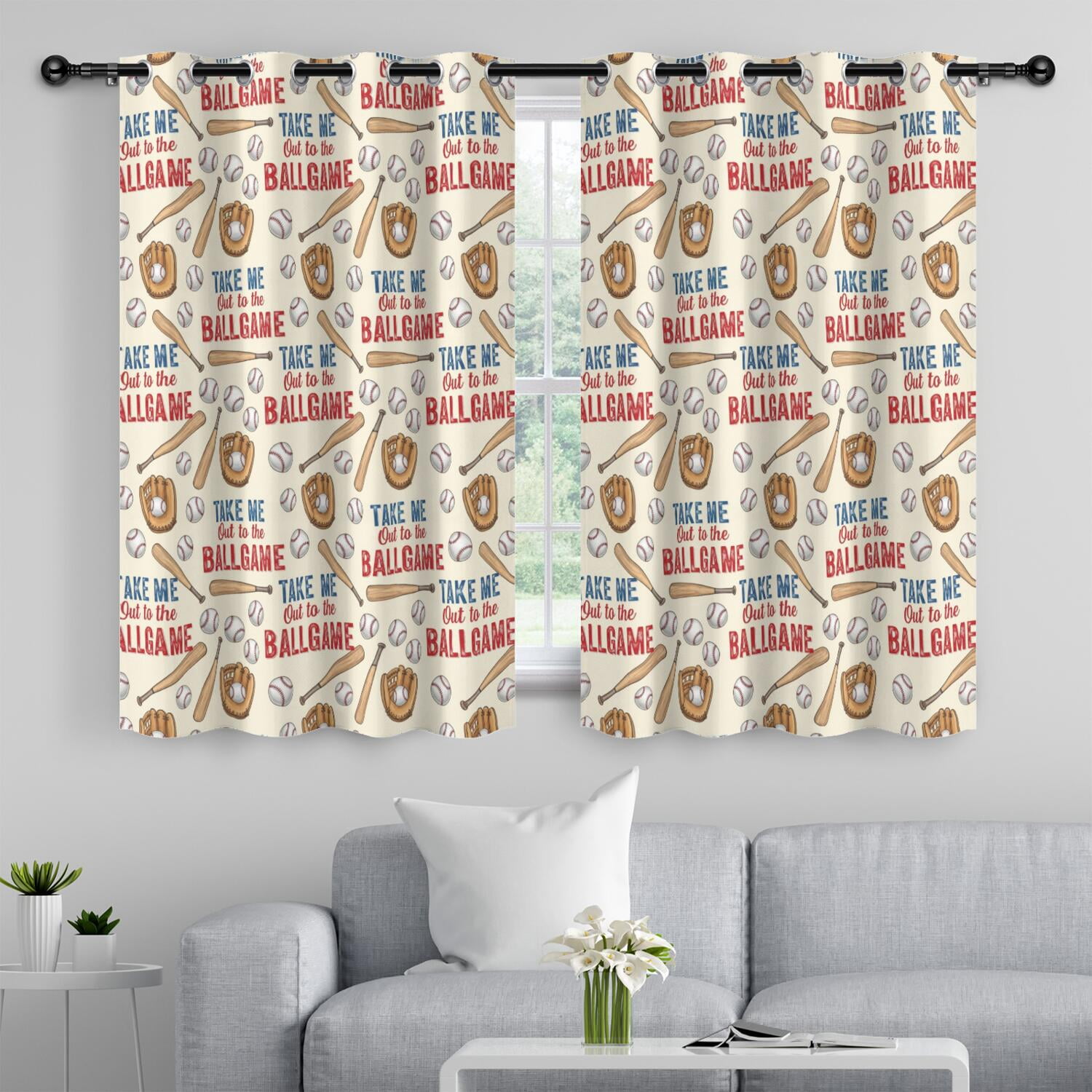 Baseballs and Phrases Beige Pattern Blackout Curtains,Triple Weaved ...