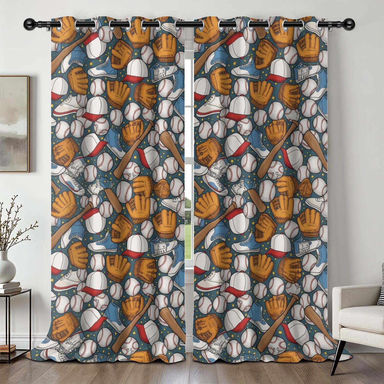 Baseballs and Shoes Blue Pattern Blackout Curtains,Triple Weaved Fabric ...