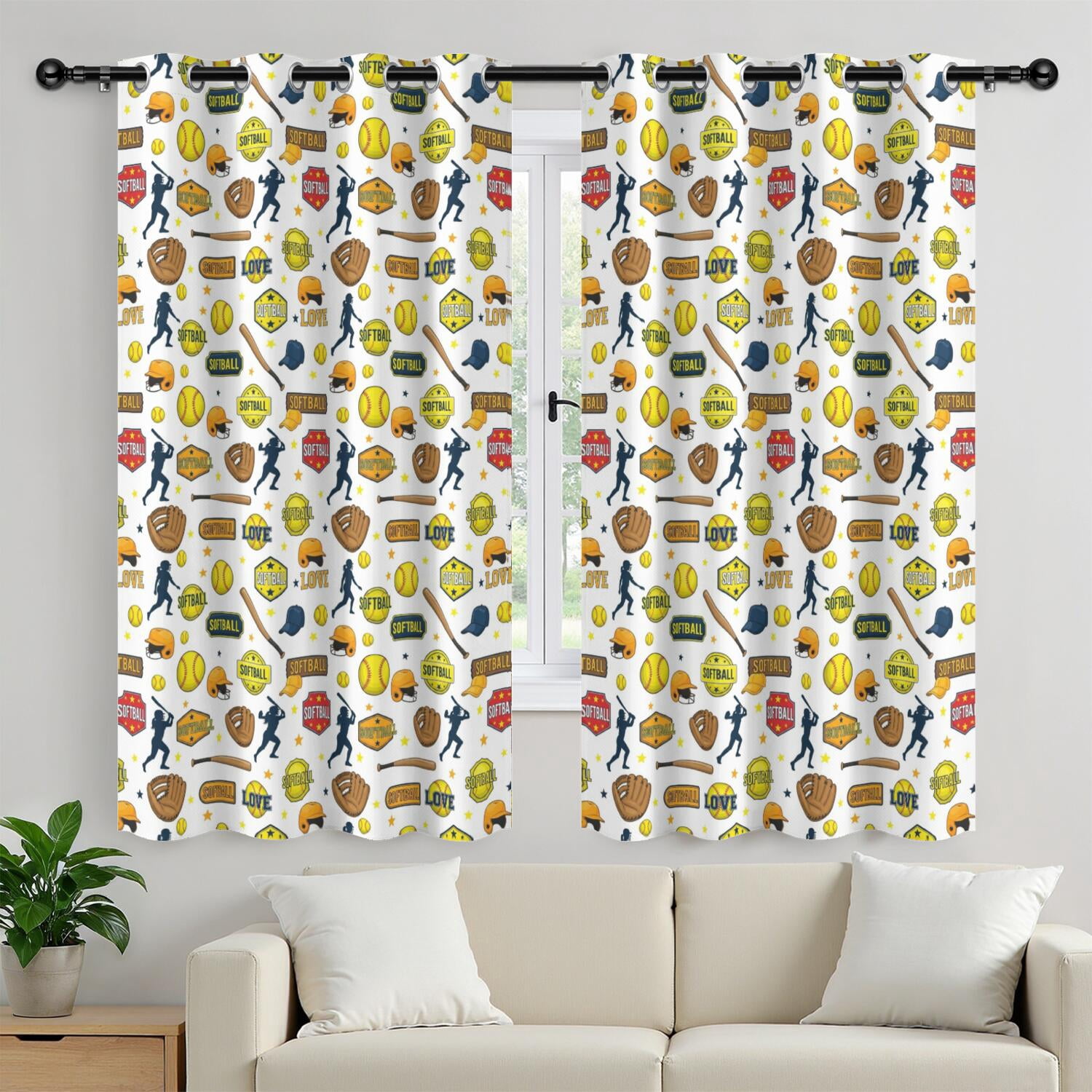Baseballs and Softballs White Pattern Blackout Curtains,Triple Weaved ...