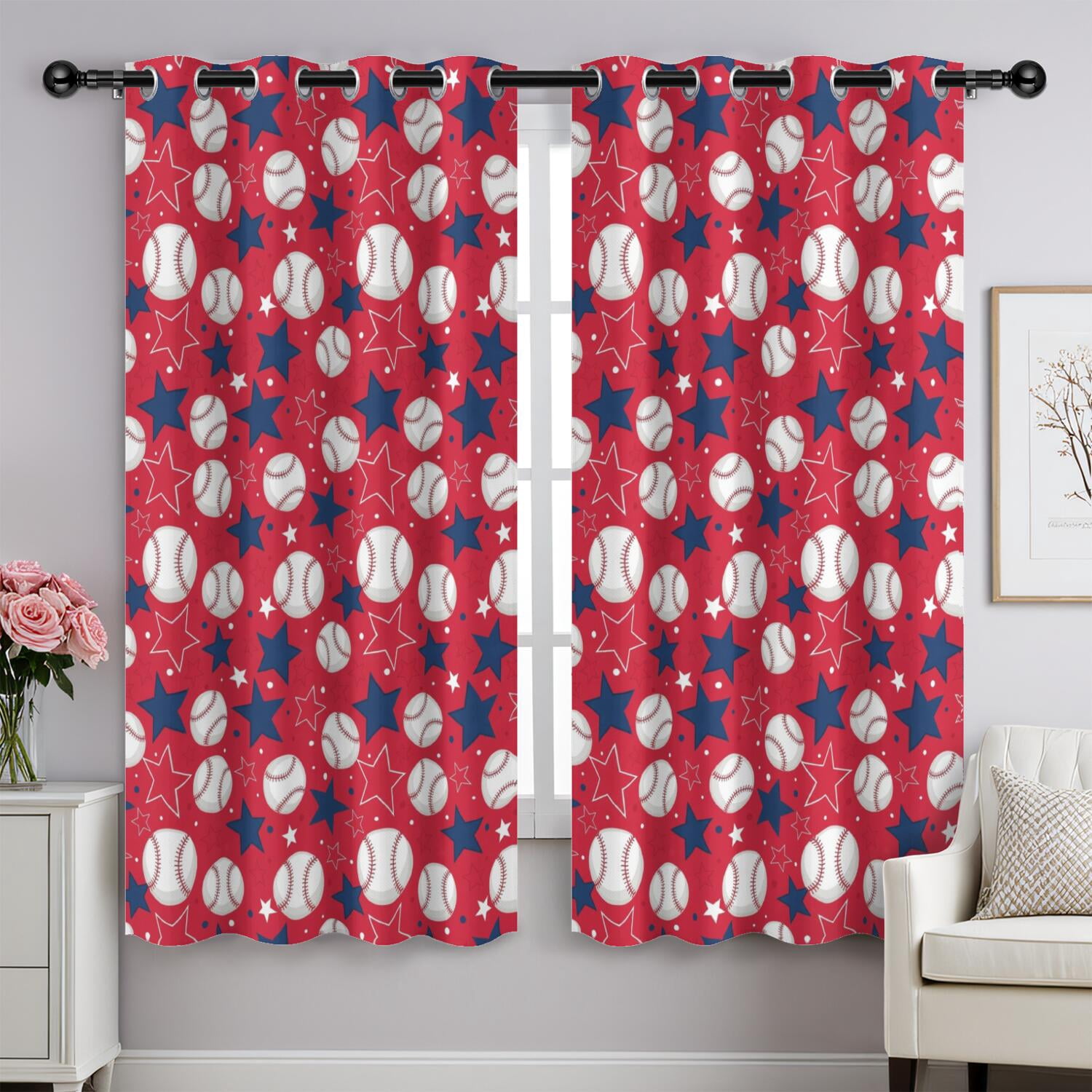 Baseballs and Stars Red Pattern Blackout Curtains,Triple Weaved Fabric ...