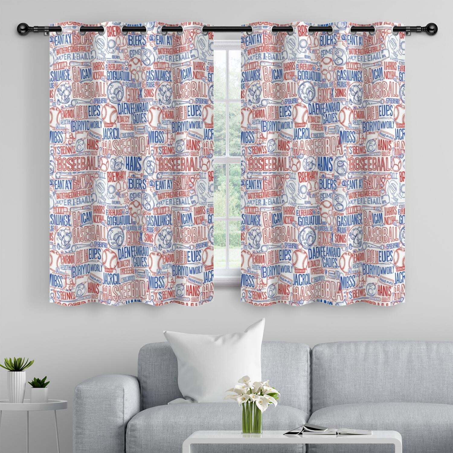 Baseballs and Text White Pattern Blackout Curtains,Triple Weaved Fabric ...