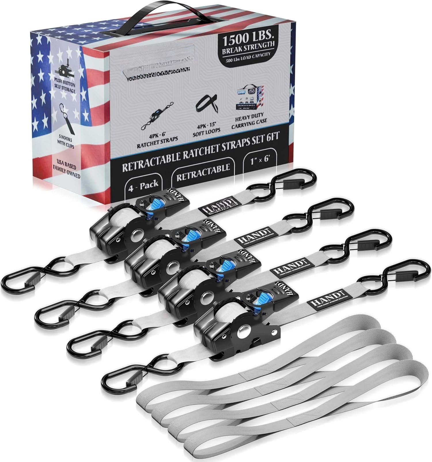 Based Retractable Ratchet Straps (4PK) 1in x 6ft - 1,500lb Break ...