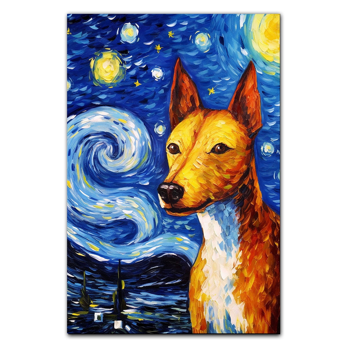 Basenji Dog Art Canvas, Starry Night Van Gogh Oil Painting Art Print Poster Wall Decor Inspired ...